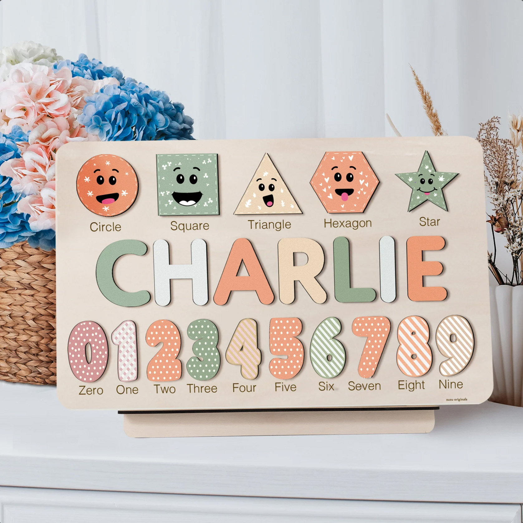 Wooden Name Puzzle with Numbers and Shapes – Zuzu Puzzle
