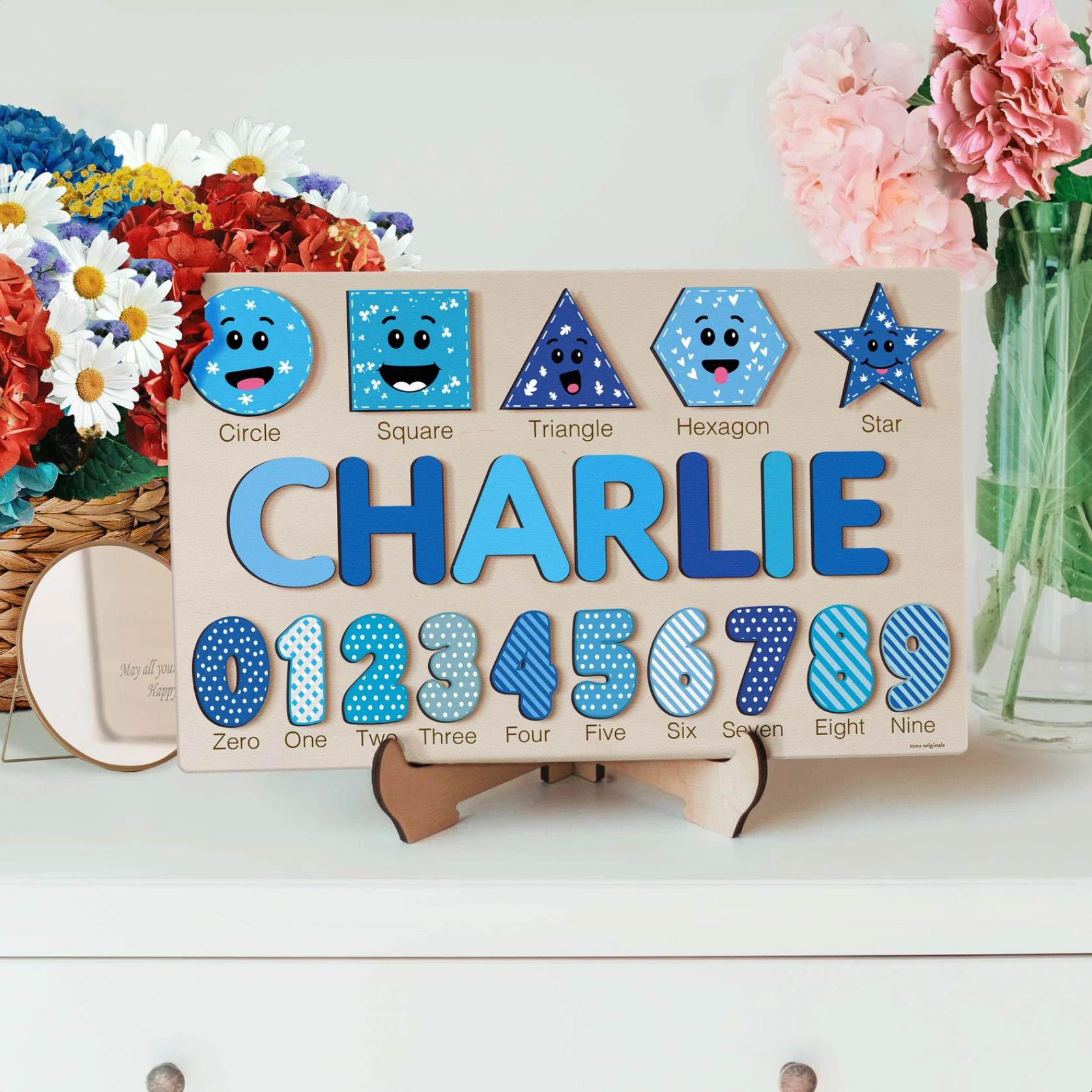 Wooden Name Puzzle with Numbers and Shapes – Zuzu Puzzle