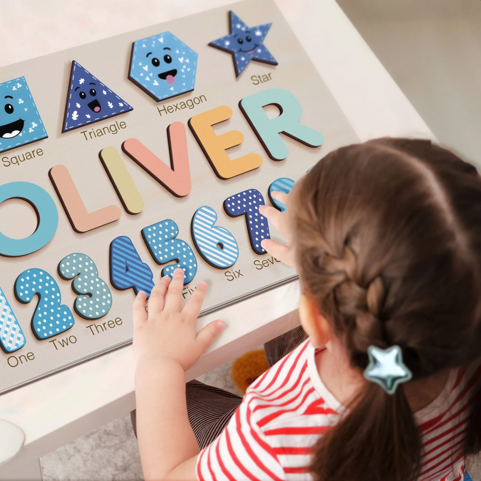 Wooden Name Puzzle with Numbers and Shapes – Zuzu Puzzle