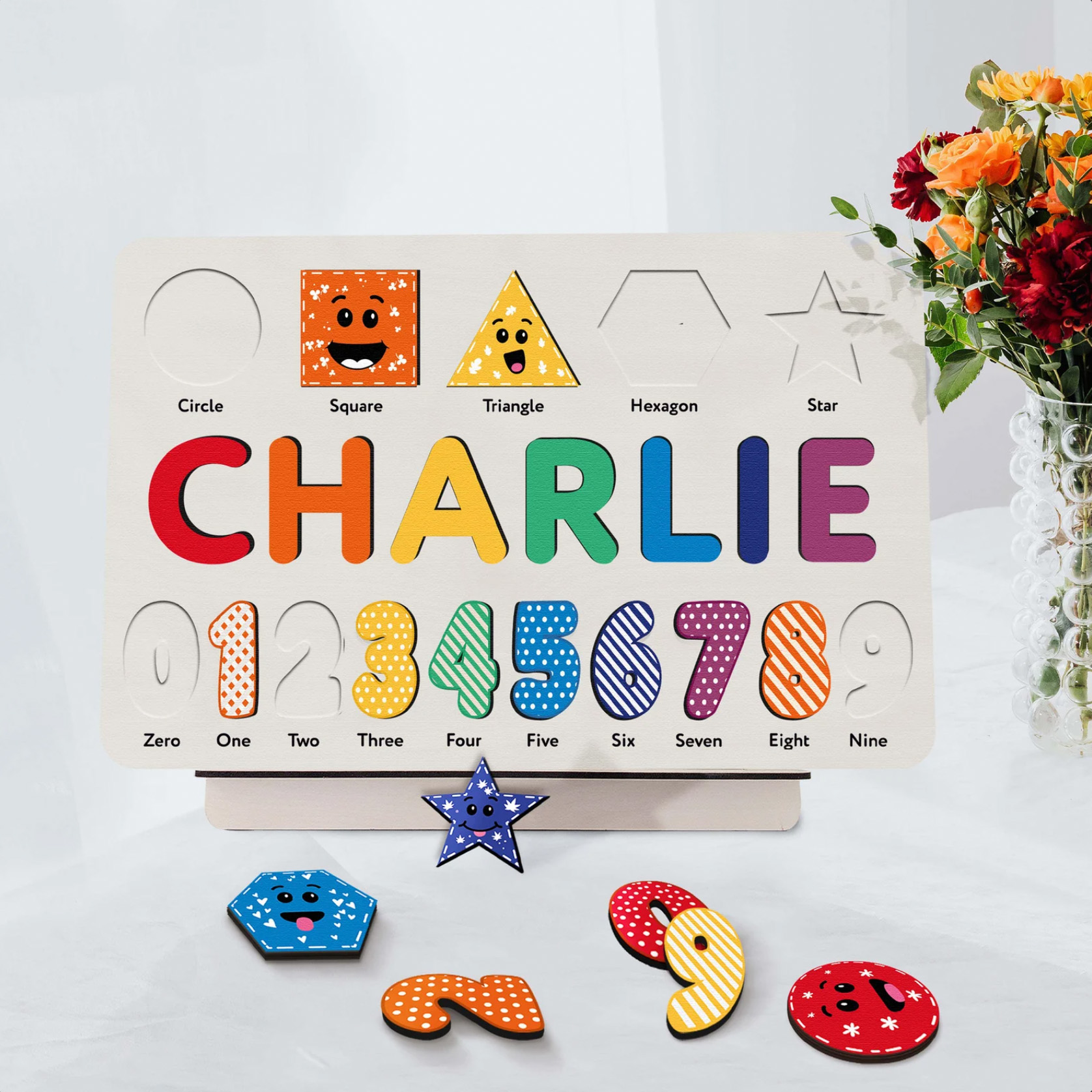 Wooden Name Puzzle with Numbers and Shapes – Zuzu Puzzle