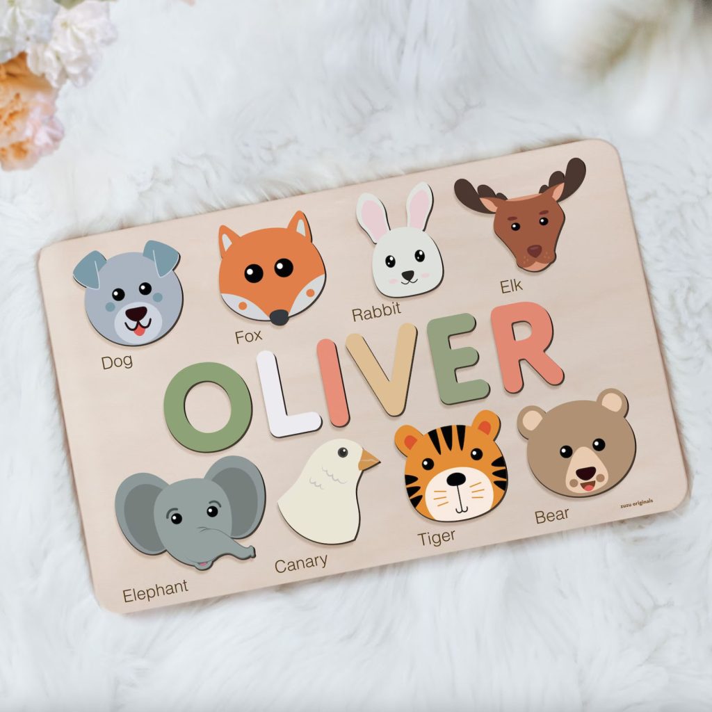 Personalized Wooden Name Puzzle with Animals – Set4 – Zuzu Puzzle
