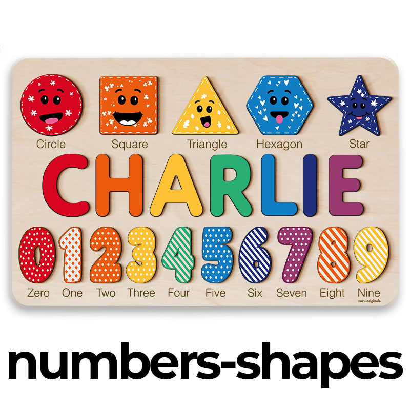 Wooden Name Puzzle with Numbers and Shapes – Zuzu Puzzle